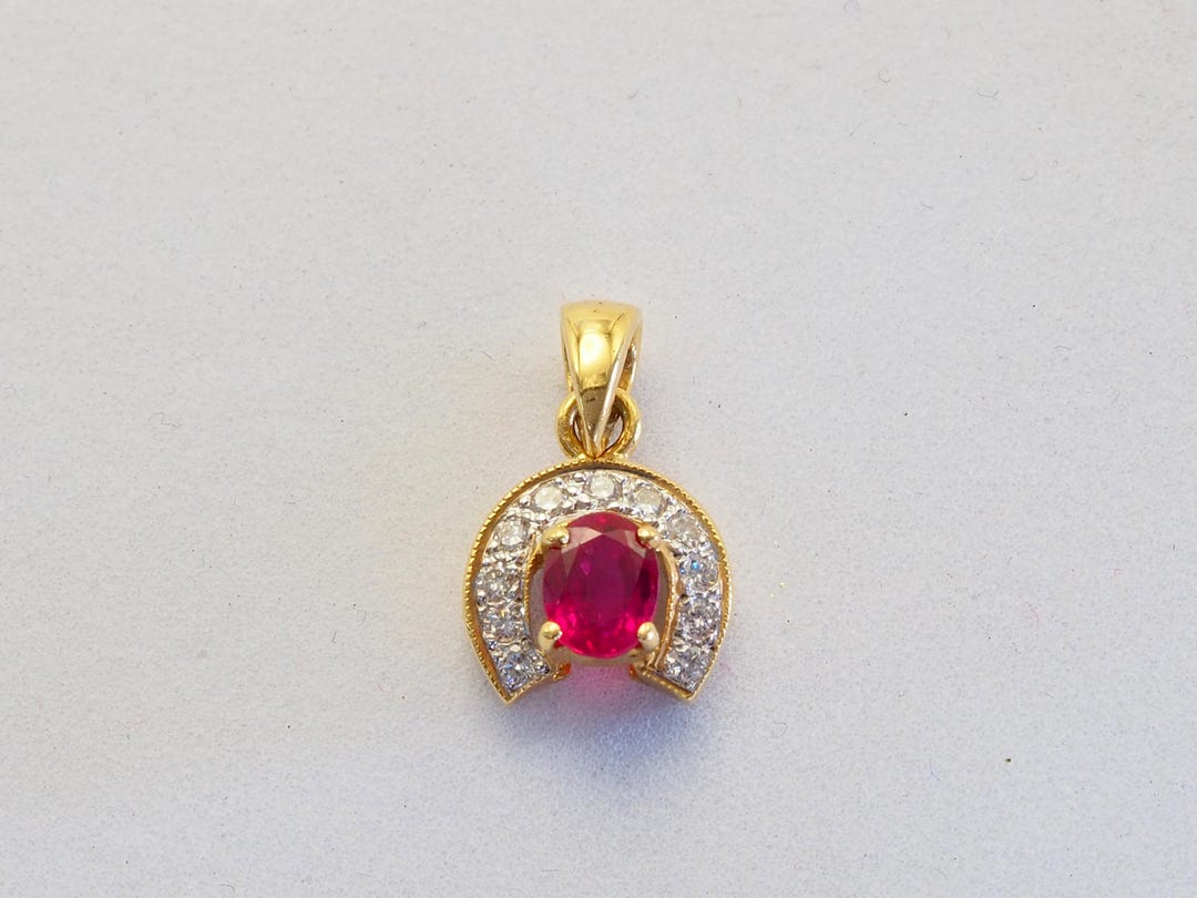 18K Gold Oval Ruby & Diamond Horseshoe Motif Pendant Enhancer - Etsy