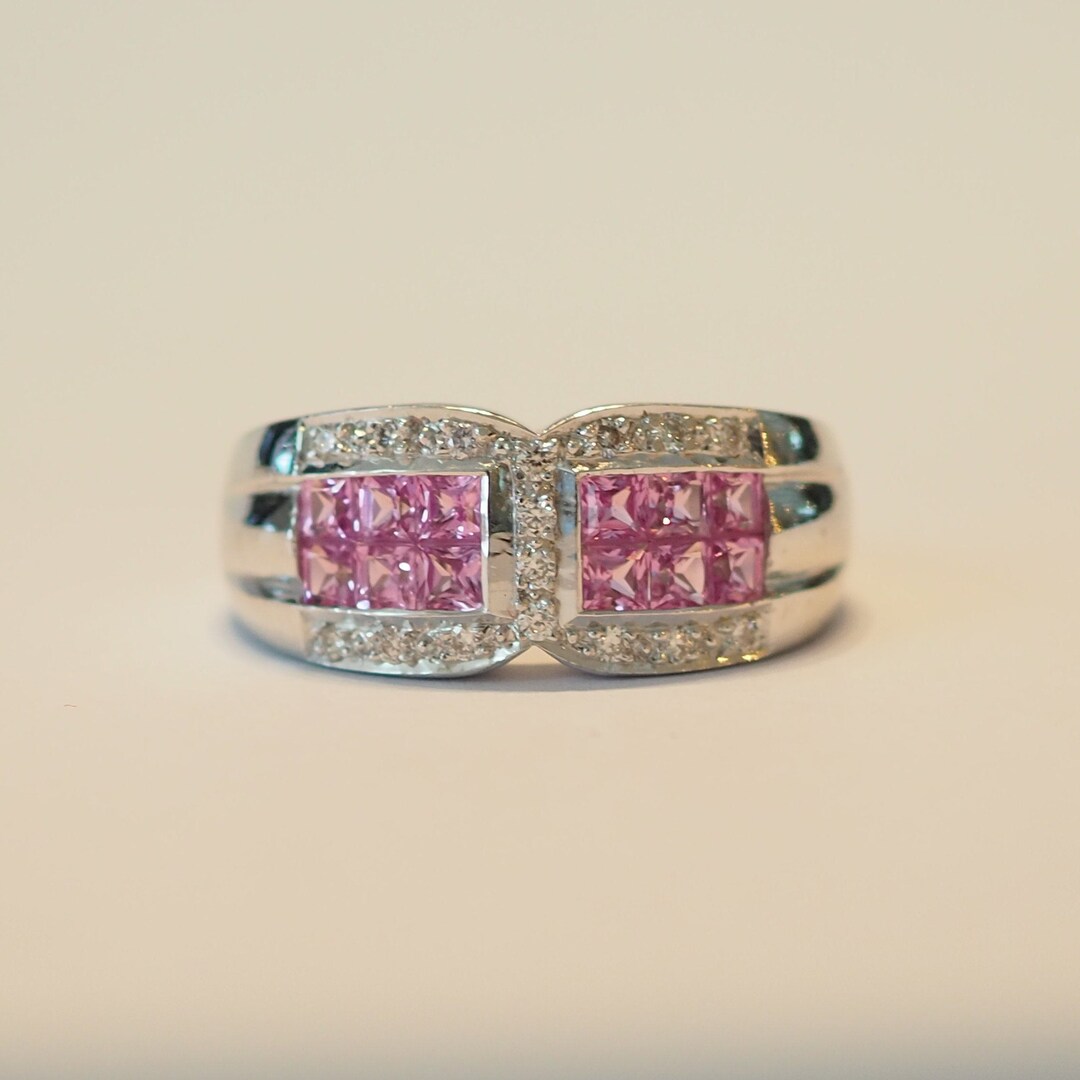 18k Solid White Gold Multi-stone Vintage Fine Ring, 12 Princess Square ...