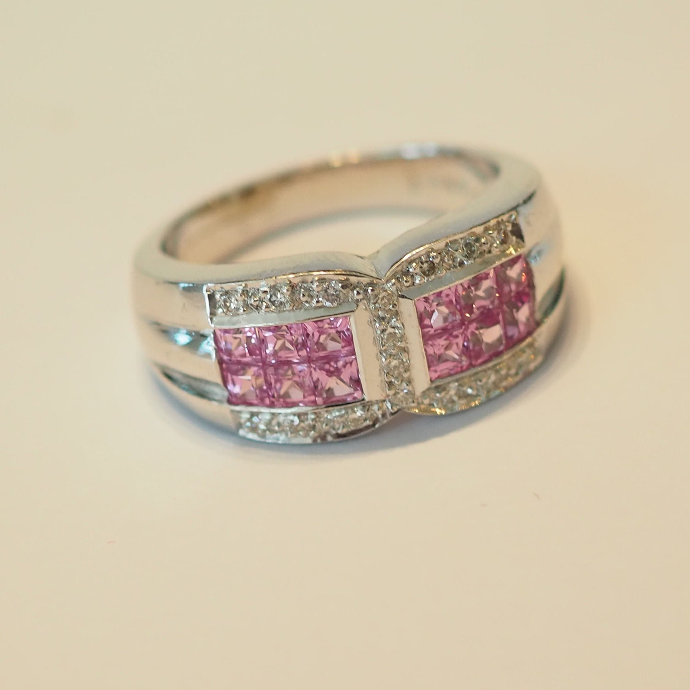 18k Solid White Gold Multi-stone Vintage Fine Ring, 12 Princess Square ...