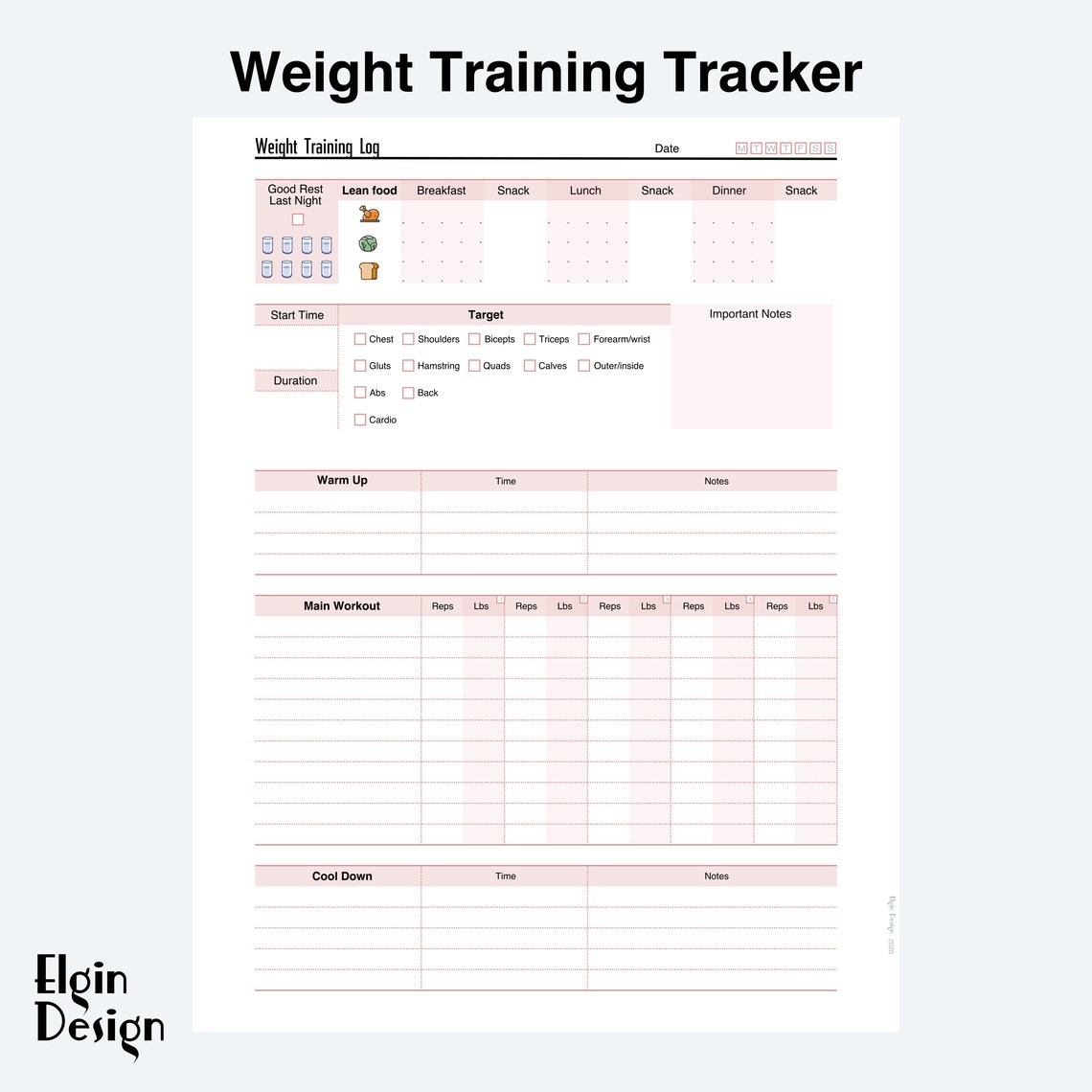 Daily Weight Training Template, Daily Workout Planner With Eat-drink ...