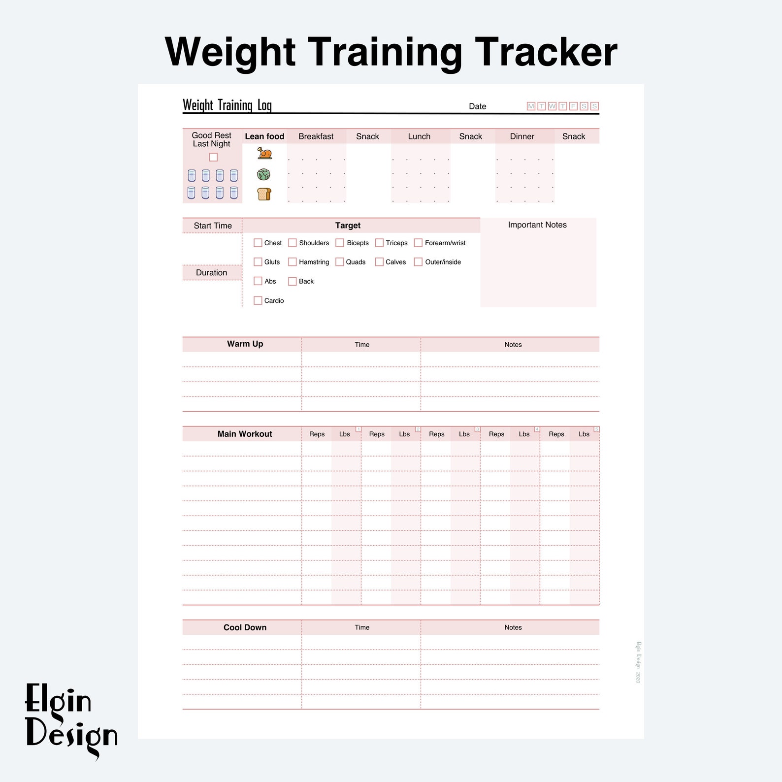 Daily Weight Training Template, Daily Workout Planner With Eat-drink ...
