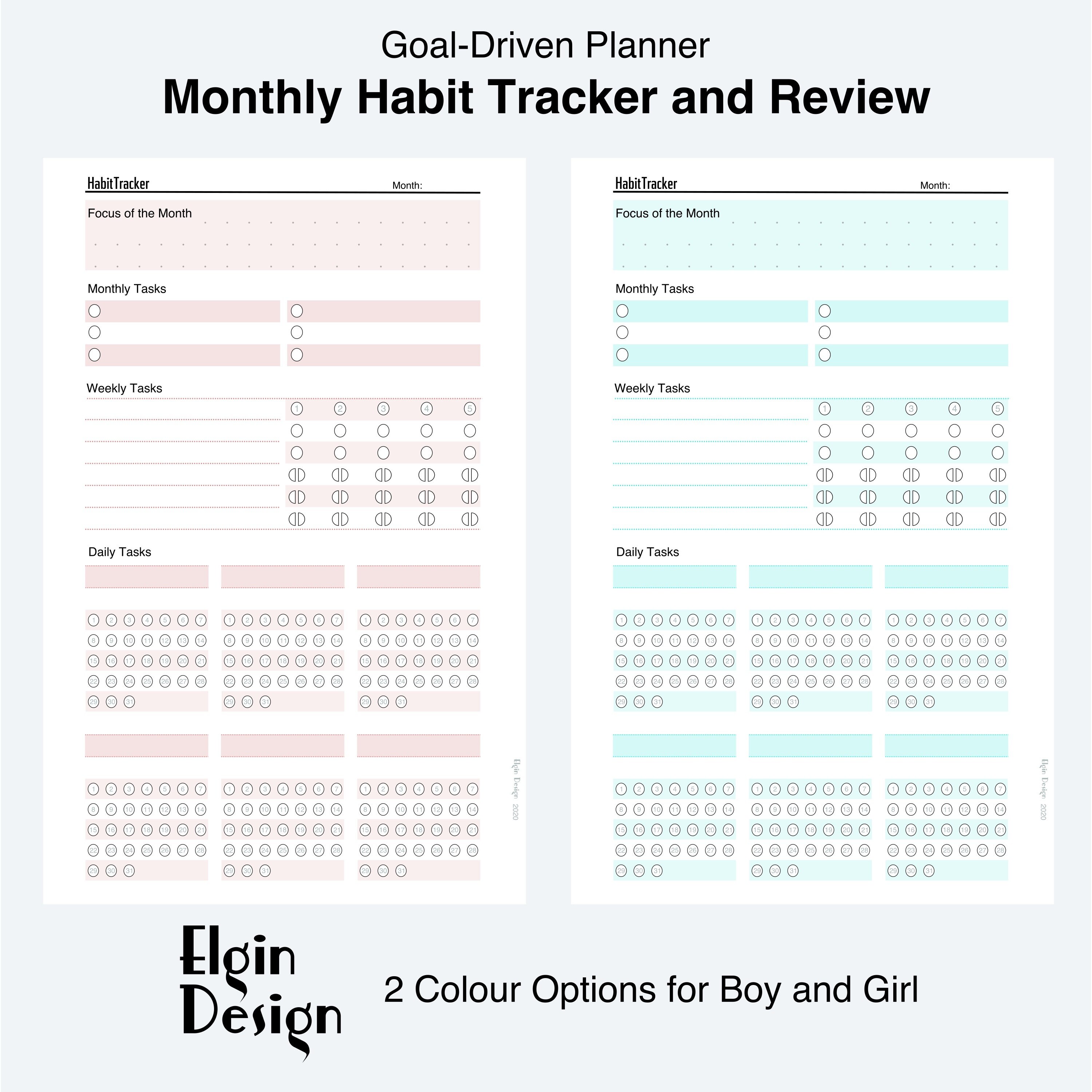 Monthly Habit Tracker and Monthly Weekly Review Template, Monthly Task ...