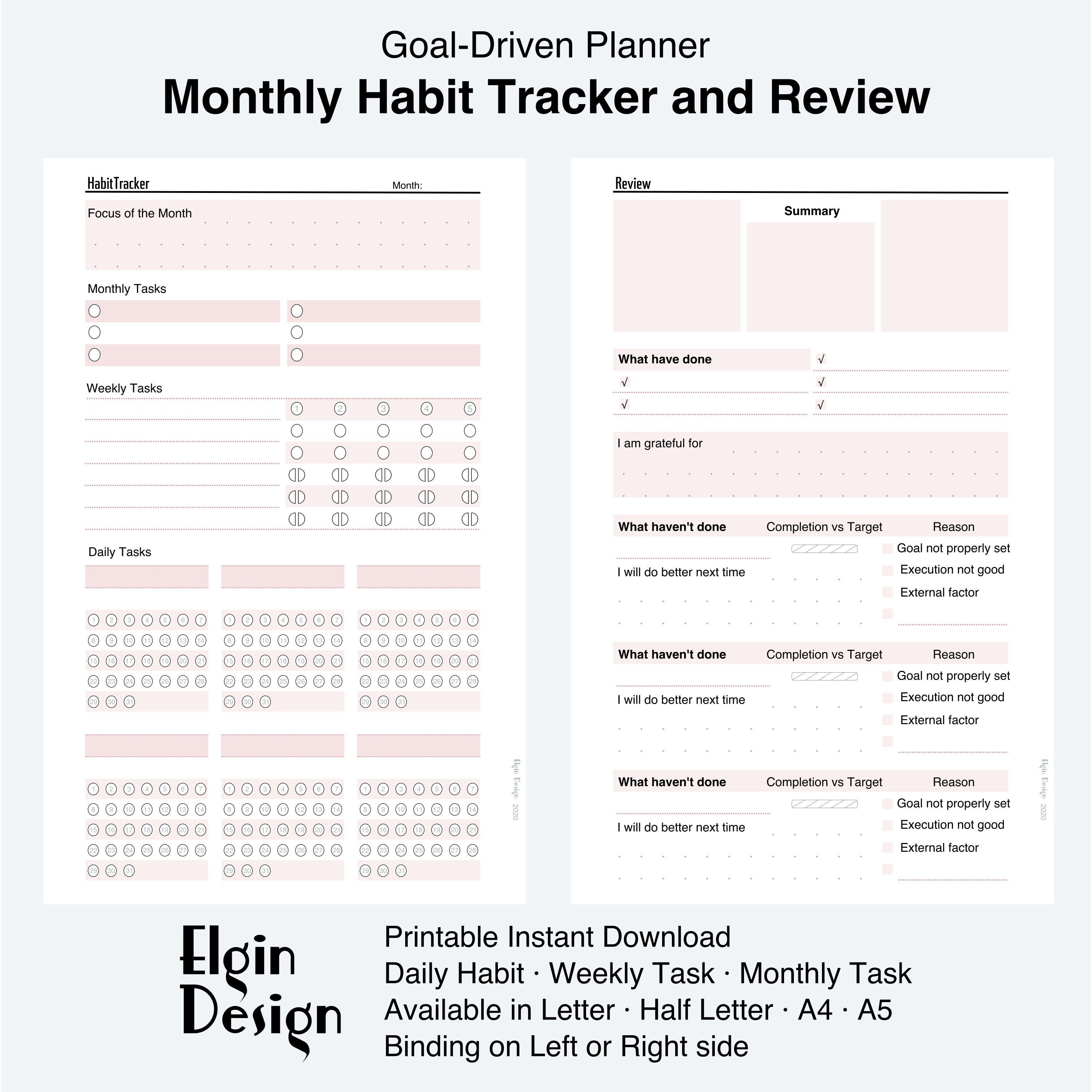 Monthly Habit Tracker and Monthly Weekly Review Template, Monthly Task ...