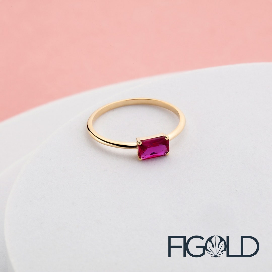 14K Solid Gold Ruby Ring, Ruby Art Deco Ring, Ruby Stone Ring, Dainty Ruby Ring, Gift for Her ...