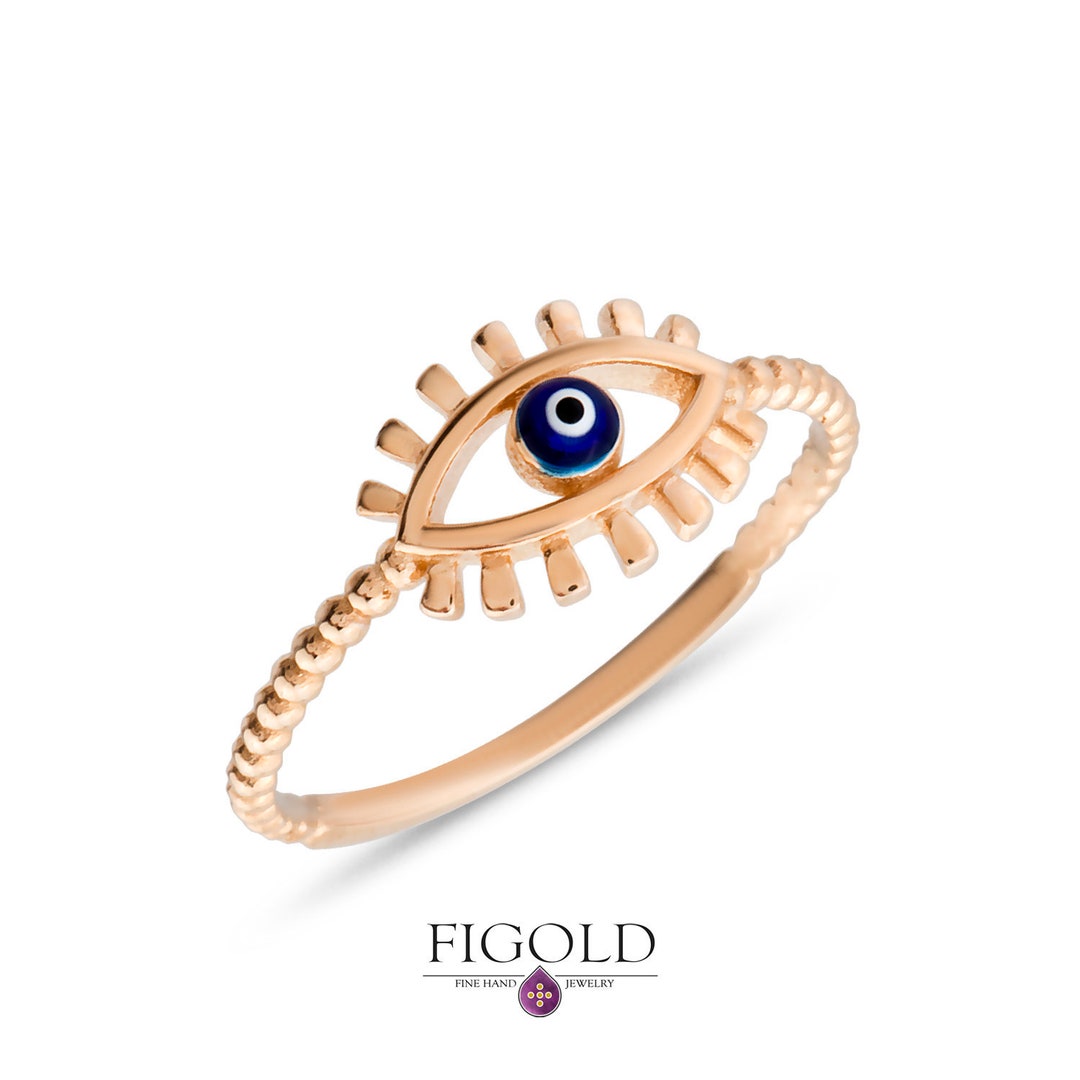 Solid Gold Evil Eye Ring 14K Evil Eye Ring Gift Minimal Designer Ring ...