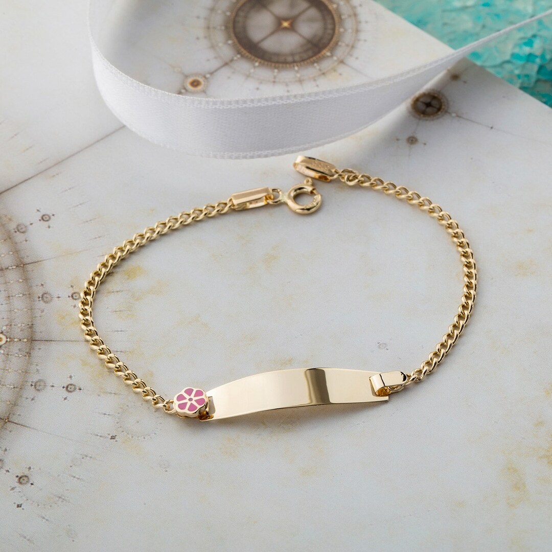 14K Yellow Gold Baby ID Bracelet – Solid Gold, Flower Detail - Etsy