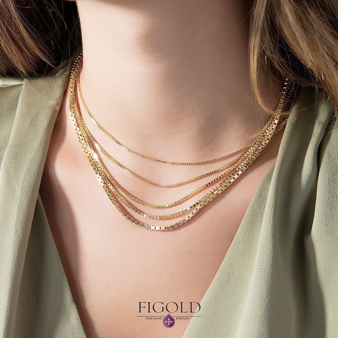 14K Solid Yellow Gold Box Chain Necklace, 13" to 22" Inch, 0.60 to 4 ...