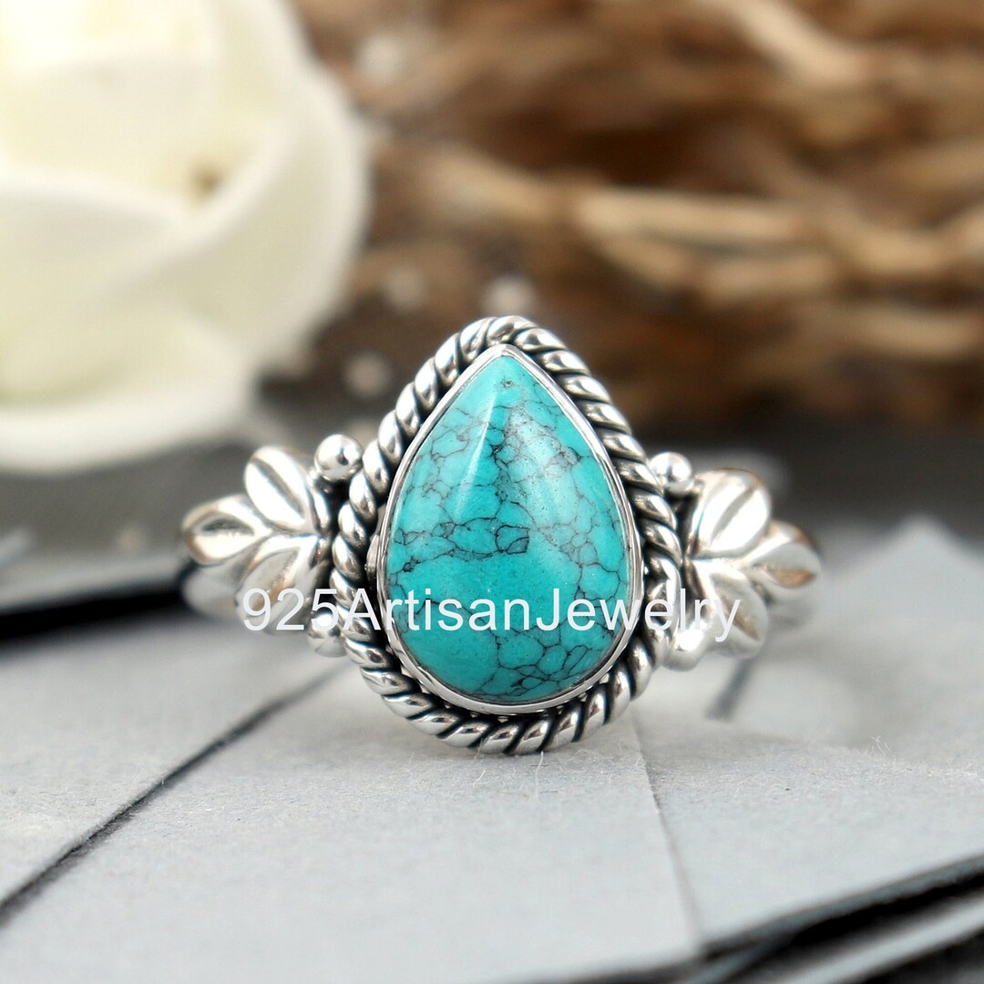 Pear Turquoise Sterling Silver Ring: Boho Leaf Design - Etsy