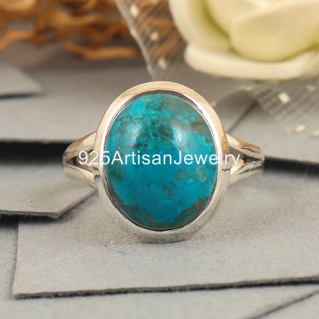 Natural Chrysocolla Ring , Oval Cut Gemstone Ring , 925-sterling Silver Ring , Boho Ring, Middle ...