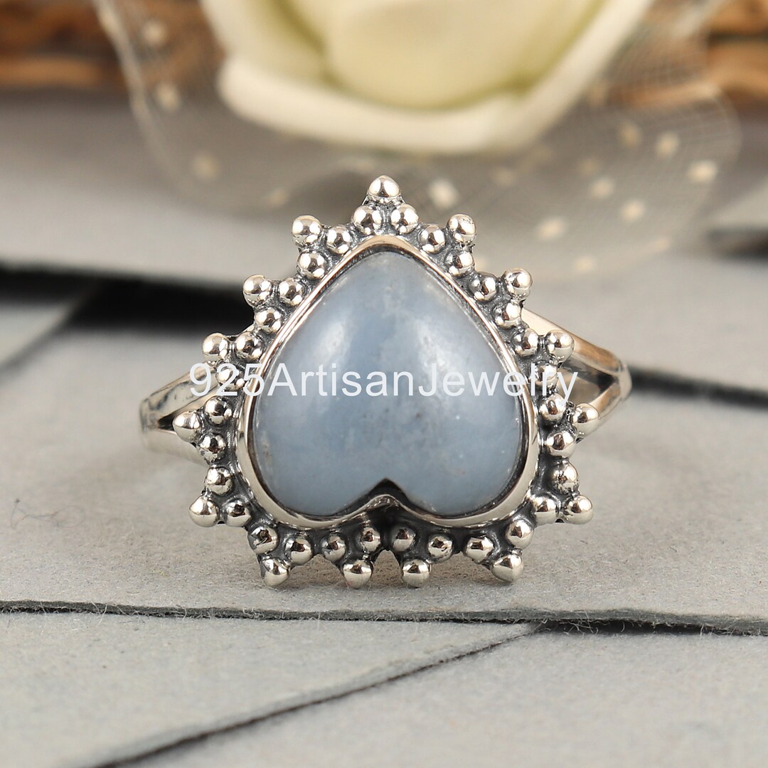 Natural Angelite Ring , Heart Shape Ring , Gemstone Silver Rings ...
