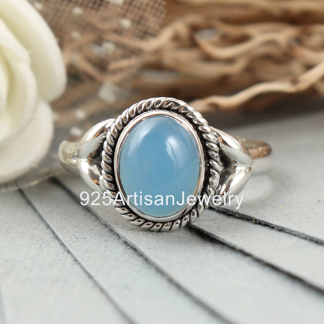 Natürlicher Blauer Chalcedon Ring, Edelstein 7X9 MM Oval Ring, 925 Silber Ring, Boho Schmuck ...