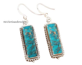 Buy Rectangle Turquoise Earrings, Blue Copper Turquoise Earrings, Long ...