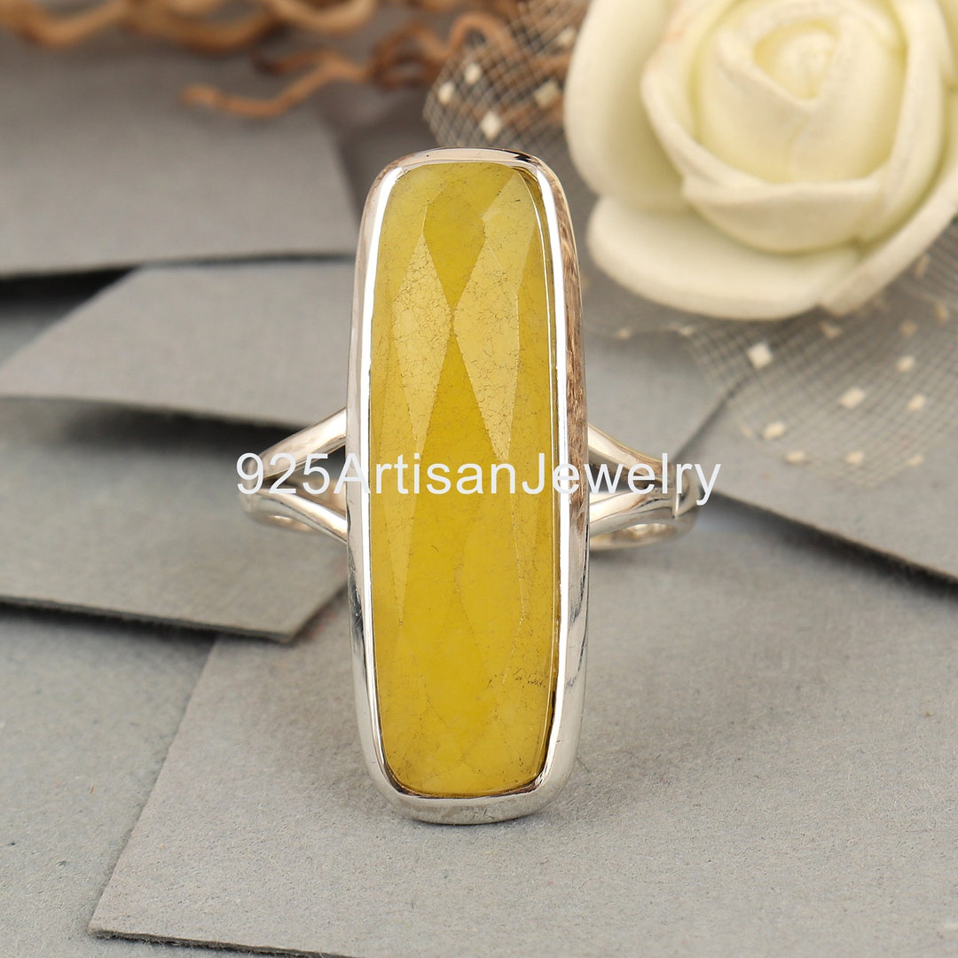 Handmade Yellow Jade Ring: 925 Sterling Silver, Rectangle Checker Cut ...