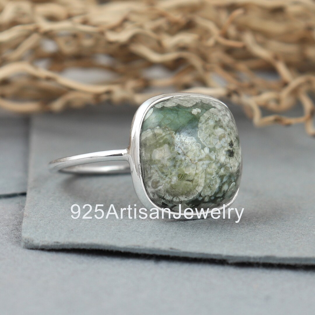 Rainforest Jasper Ring: Sterling Silver Cushion Cabochon Gemstone - Etsy