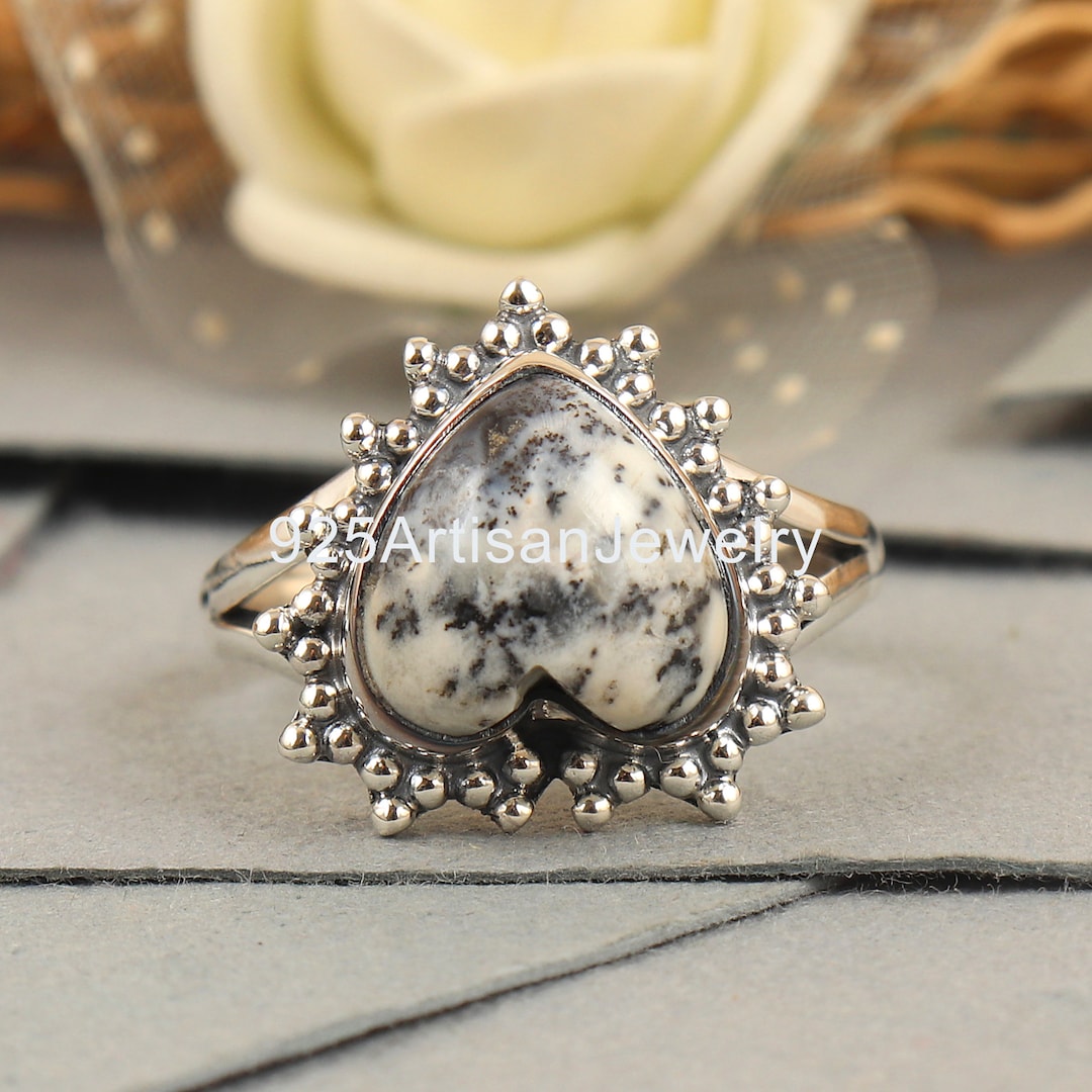 Natural Howlite Ring , Heart Shape Ring , Gemstone Silver Rings , Rose ...