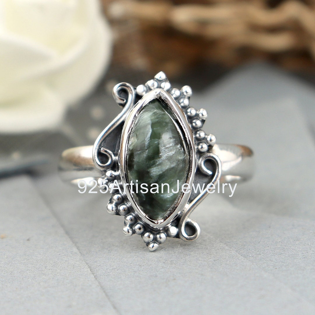 Handmade Marquise Seraphinite Ring: Sterling Silver Gemstone Jewelry - Etsy