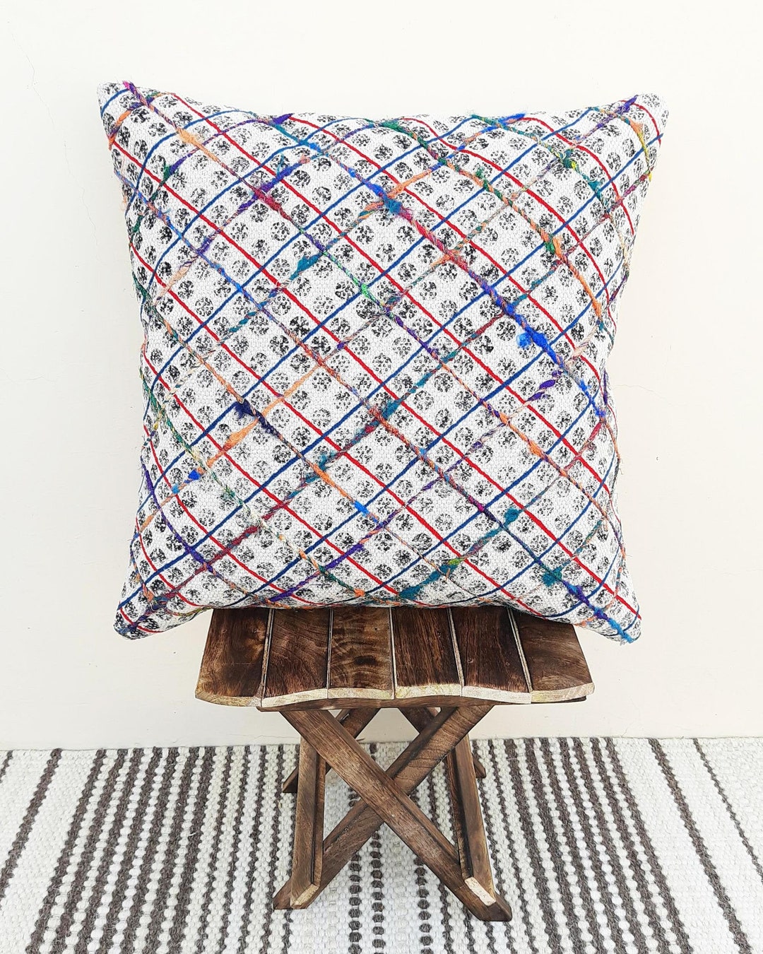 Handloom-woven Cotton Dhurrie With Multi-color Hand Block Printing and ...