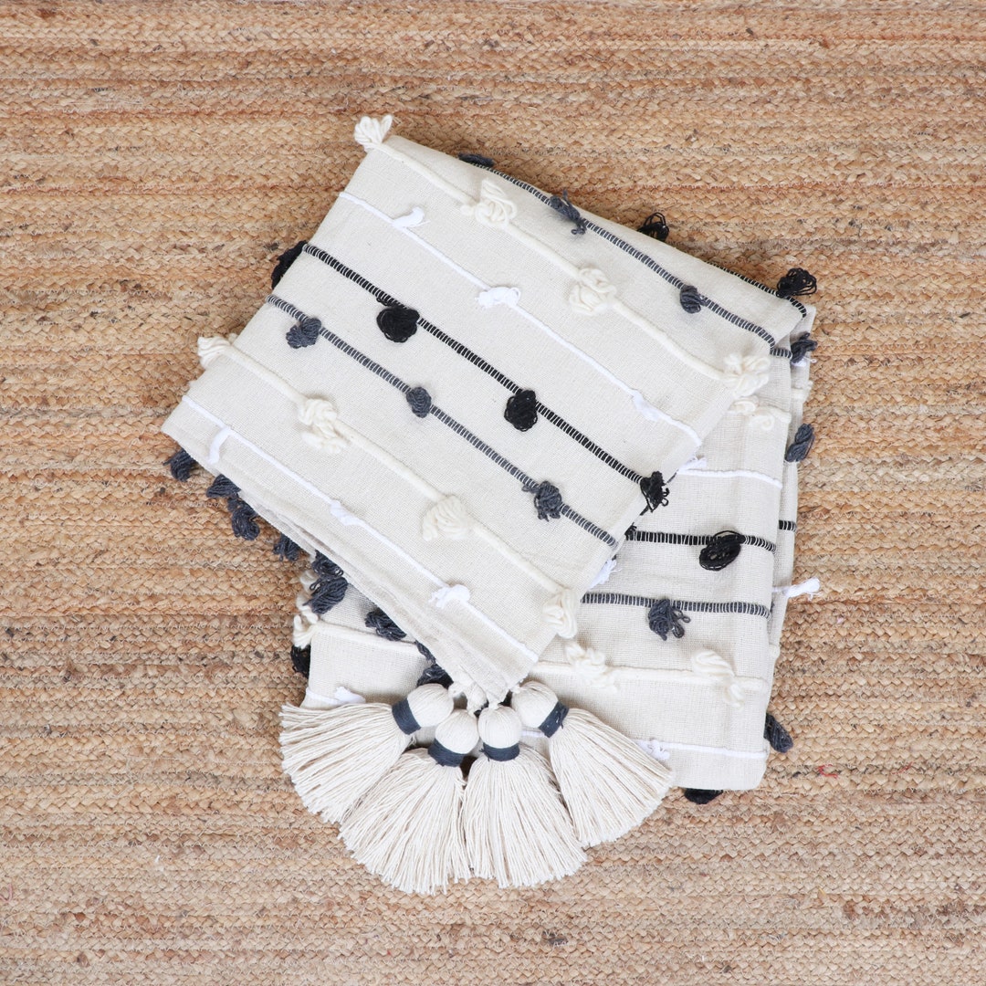 Black 100% Handmade Cotton Woven Tufted Throw Soft Natural White Boho ...
