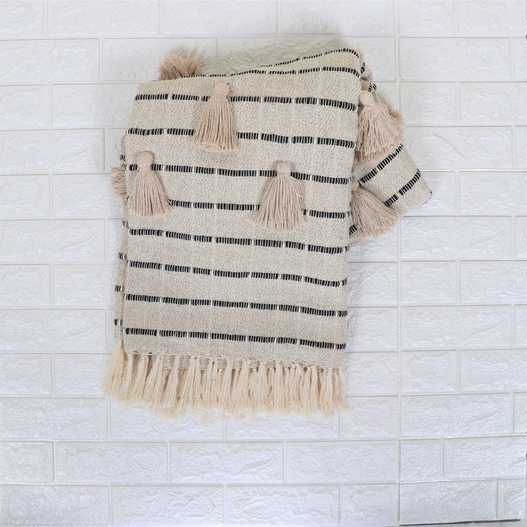 Throw Blankets Indian Handmade Tufted Cotton Natural White Tassel Throw ...