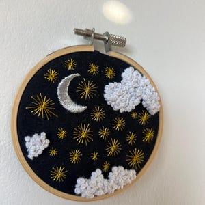 Hand-stitched Night Sky Embroidered Hoop With Fluffy Clouds ,starry ...