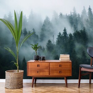 Green Misty Forest Scandinavian Mist Wallpaper Mural - Removable Self ...