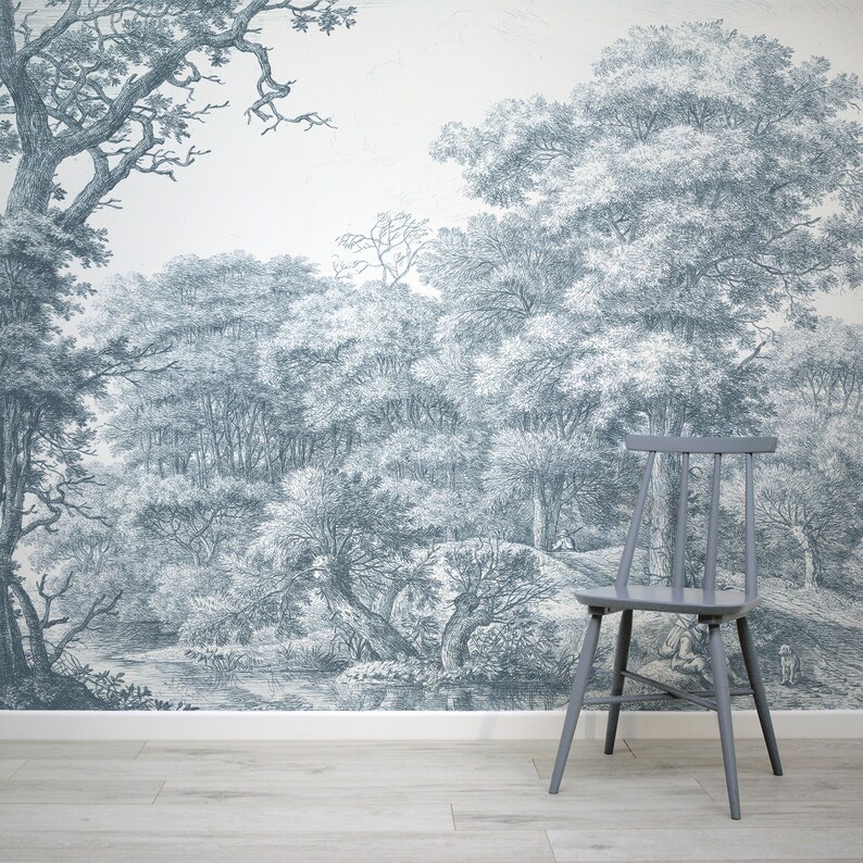 English Etched Blue Countryside Waterloo Woods Blue Wallpaper Mural ...