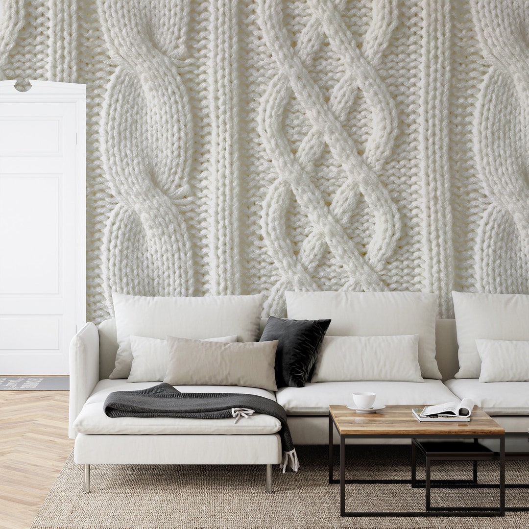 Cream Cable Knit Wool Cozy Wallpaper Mural - Removable Self-adhesive ...