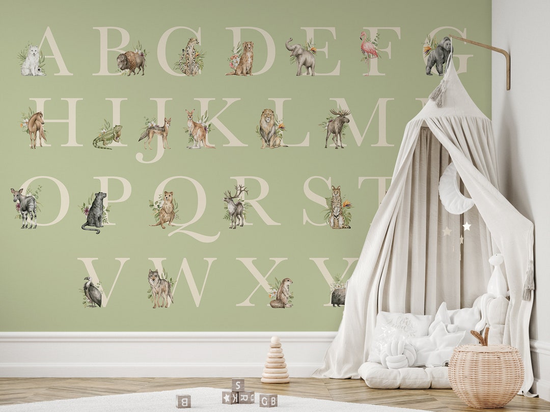 Green Alphabet Letters & Etched Animals Alphabet Wallpaper Mural ...