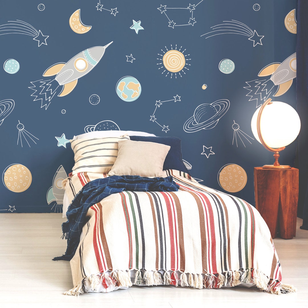 Children's Navy Blue Space Wrigure Night Wallpaper Mural - Removable ...