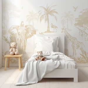Cream Watercolor Jungle Safari Animal Sango Ecru Wallpaper Mural ...