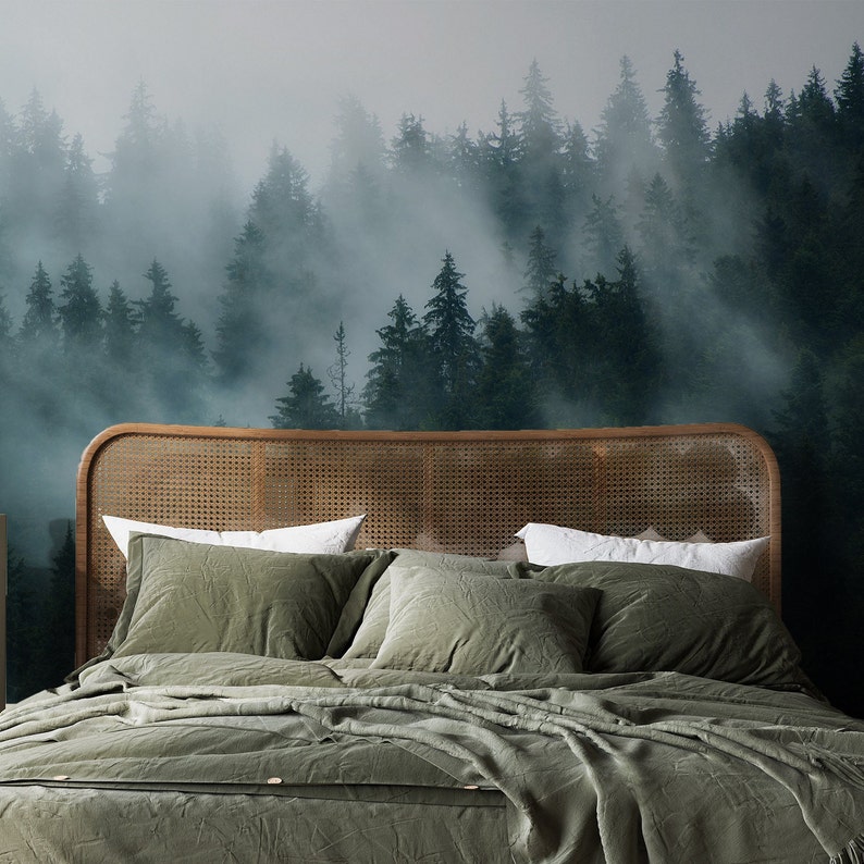 Green Misty Forest Scandinavian Mist Wallpaper Mural - Removable Self ...