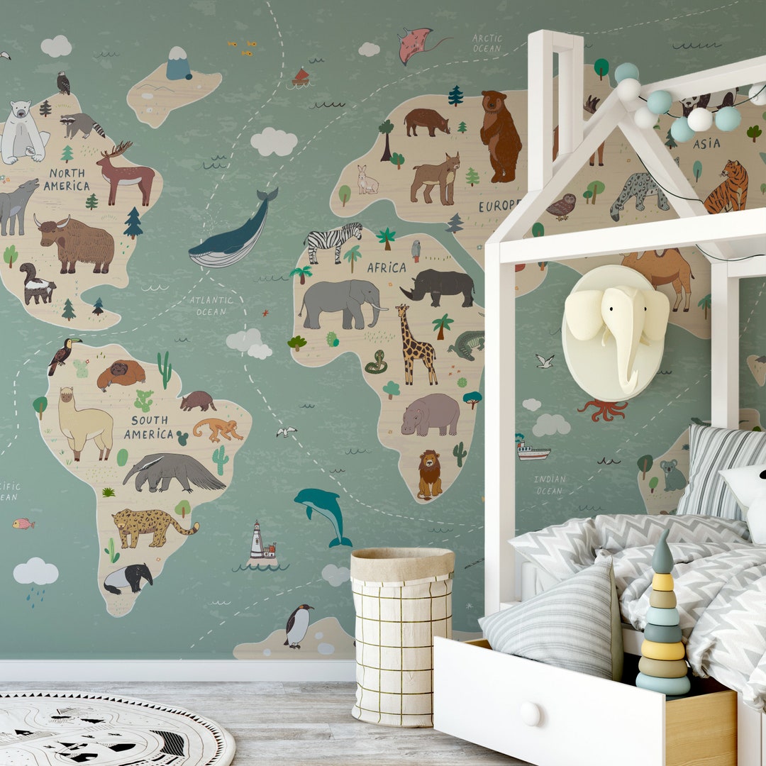 Opal World Map of Animals Atlas Green Wallpaper Mural - Removable Self ...