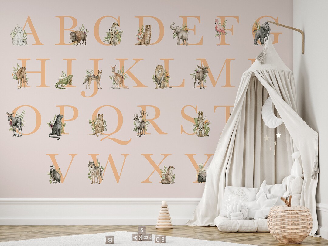 Beige Alphabet Letters & Etched Animals Alphabet Wallpaper Mural ...