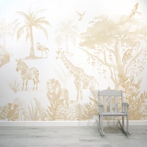 Cream Watercolor Jungle Safari Animal Sango Ecru Wallpaper Mural ...