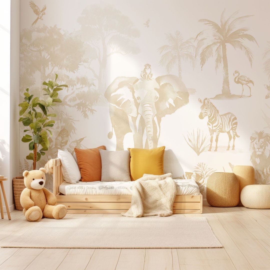 Cream Watercolor Jungle Safari Animal Sango Ecru Wallpaper Mural ...
