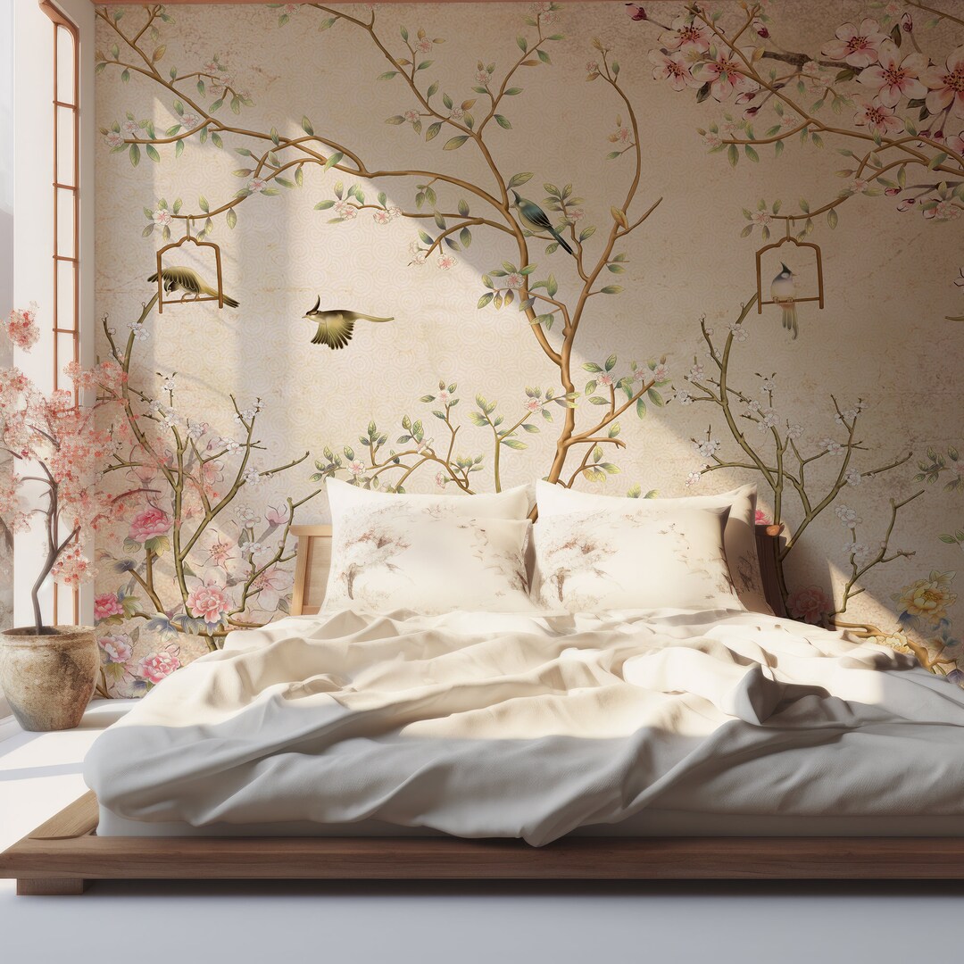 Gold & Pink Chinoiserie Branches, Birds and Flowers Chisine Gold ...