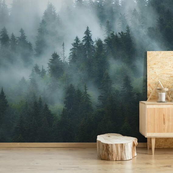 Green Misty Forest Scandinavian Mist Wallpaper Mural | Etsy