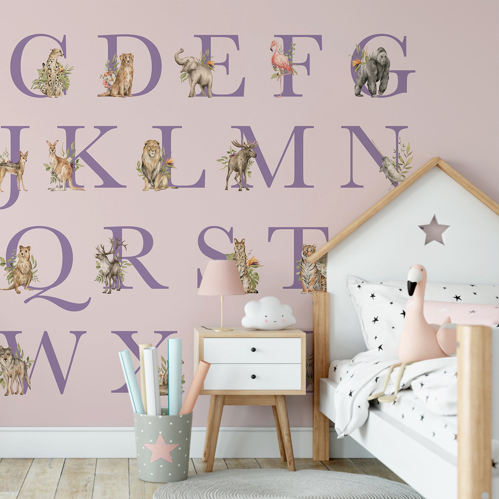 Lilac Alphabet Letters & Etched Animals Alphabet Wallpaper Mural ...