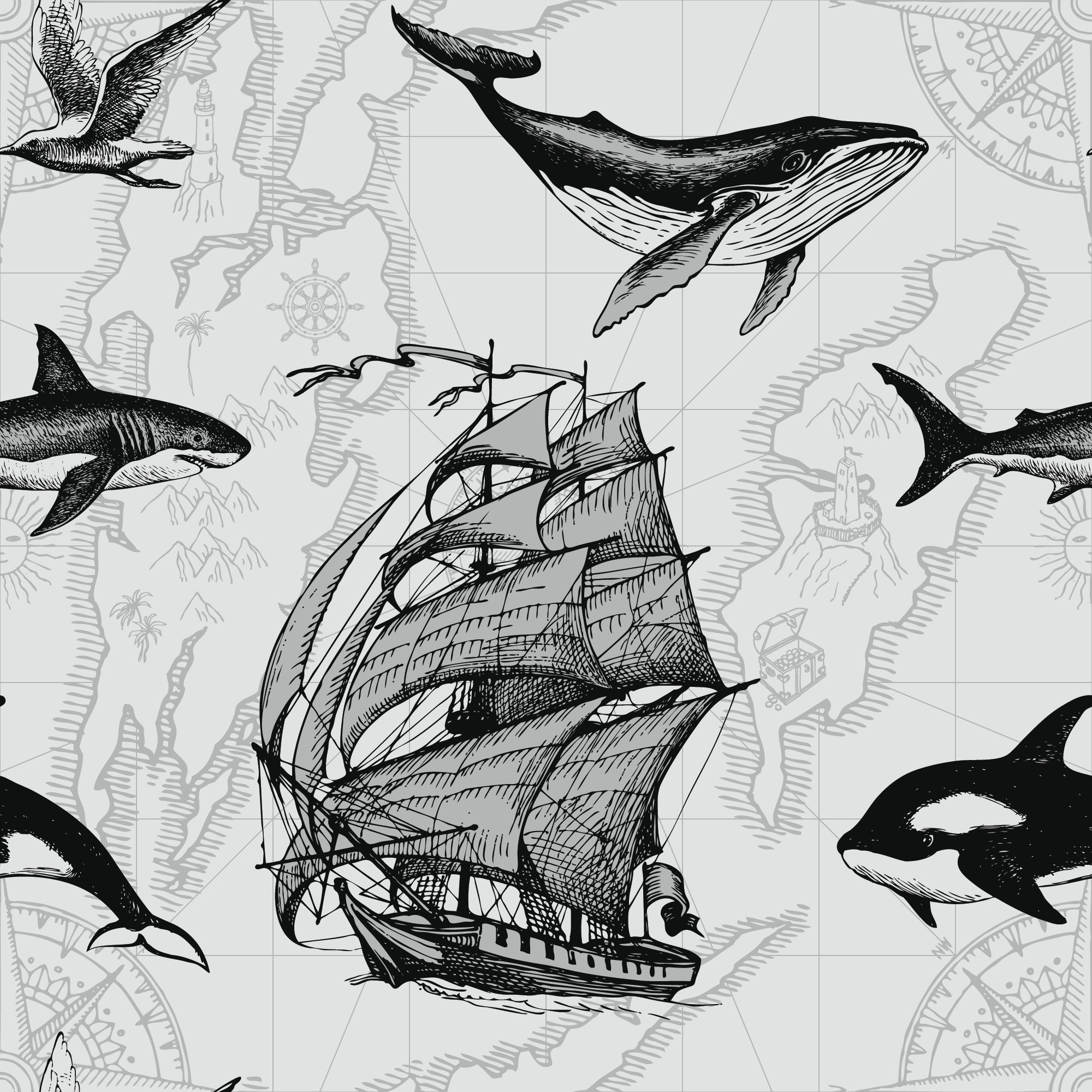 Black & White Ships Whales Map Odyssey Mono Wallpaper Mural - Removable ...