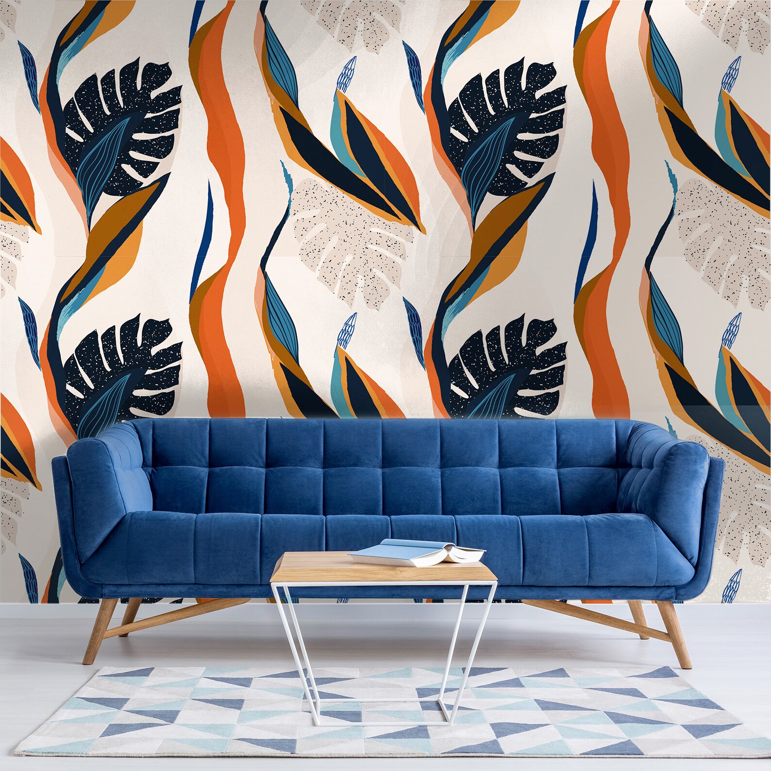 Dark Blue & Orange Tropical Leaves Midnight Monstera Wallpaper ...