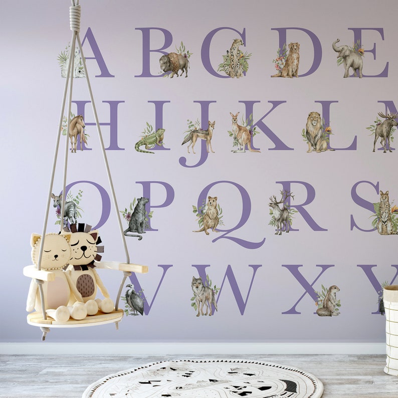 Lilac Alphabet Letters & Etched Animals Alphabet Wallpaper Mural ...