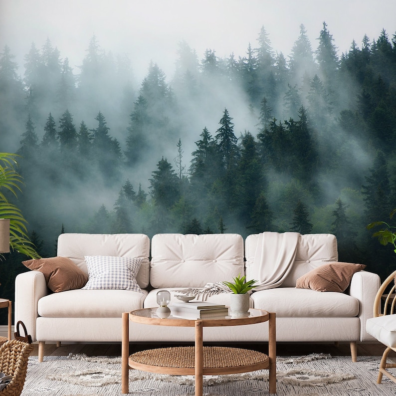 Green Misty Forest Scandinavian Mist Wallpaper Mural - Etsy