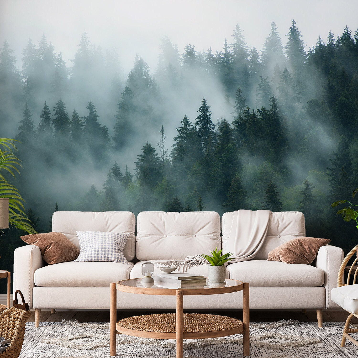 Green Misty Forest Scandinavian Mist Wallpaper Mural - Removable Self ...