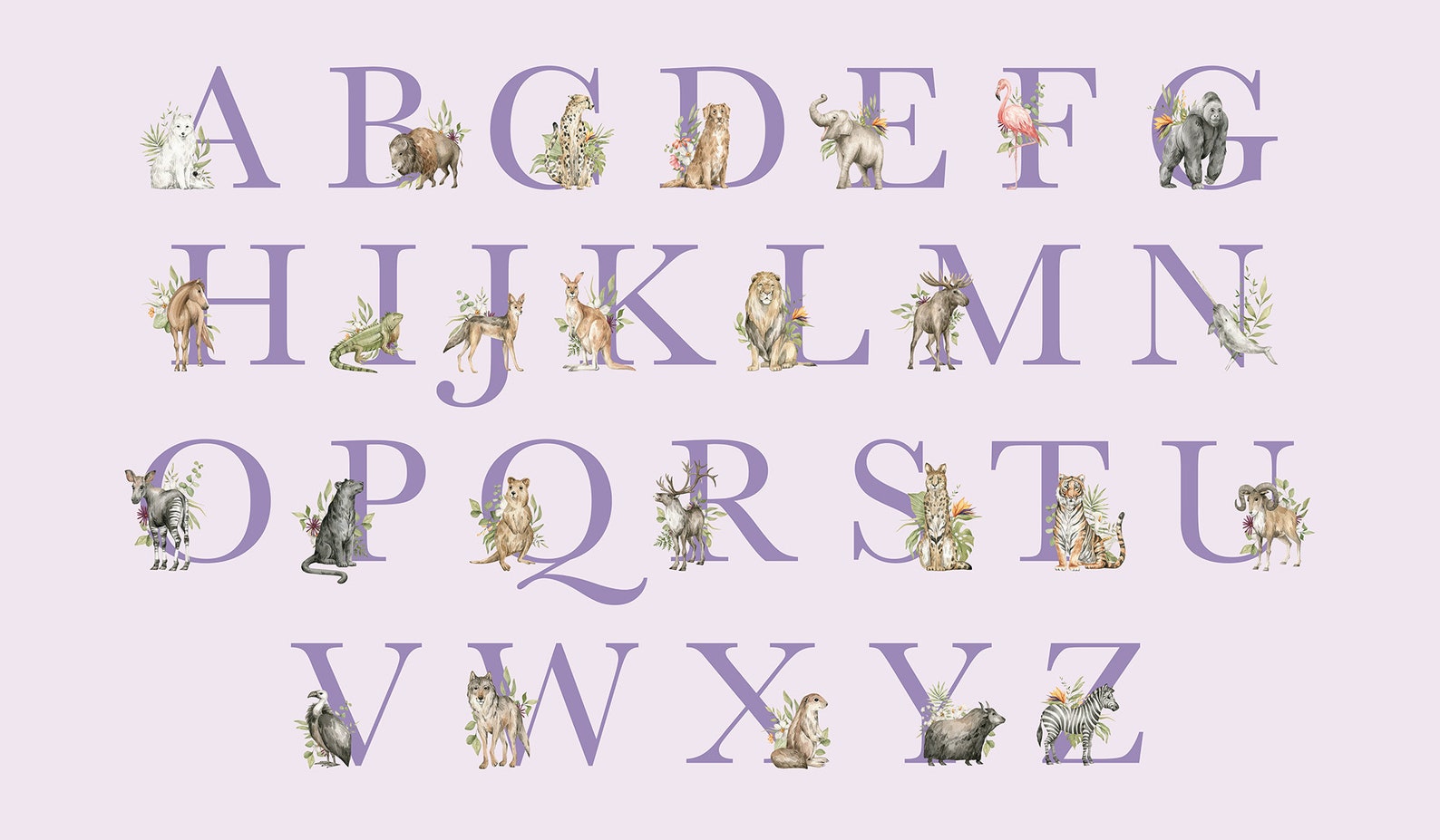 Lilac Alphabet Letters & Etched Animals Alphabet Wallpaper Mural ...