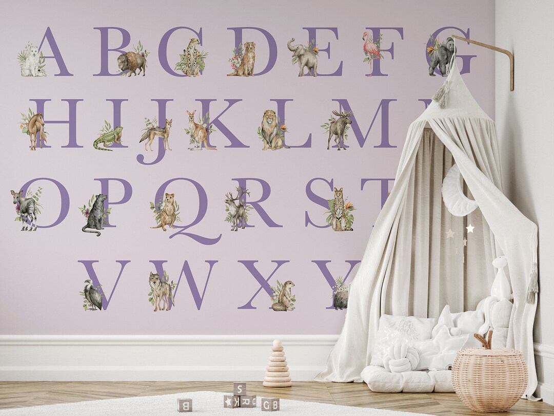 Lilac Alphabet Letters & Etched Animals Alphabet Wallpaper Mural ...