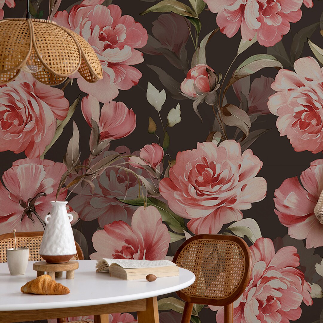 Pink Roses & Green Leaves Chinoiserie Rosewood Serenade Wallpaper ...