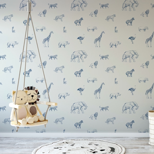 Blue Safari Animals Wallpaper - Etsy