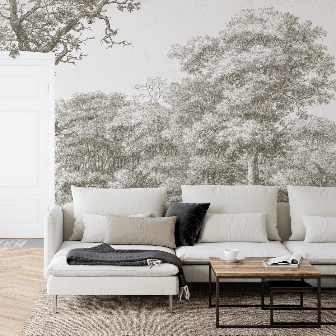 English Etched Greige Countryside Waterloo Woods Greige Wallpaper Mural ...