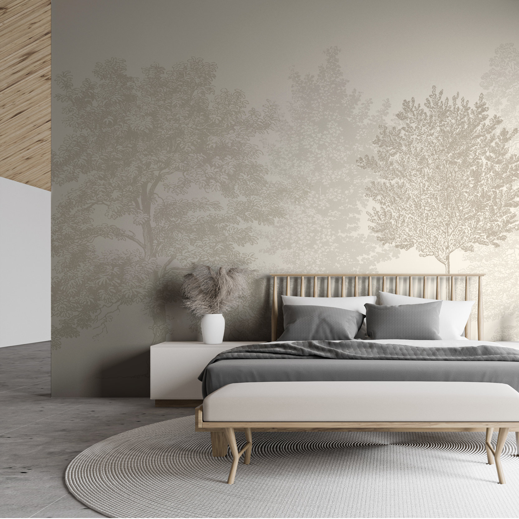 Cream Neutral Illustrated Washed Out Trees Muted Forest Wallpaper Mural ...