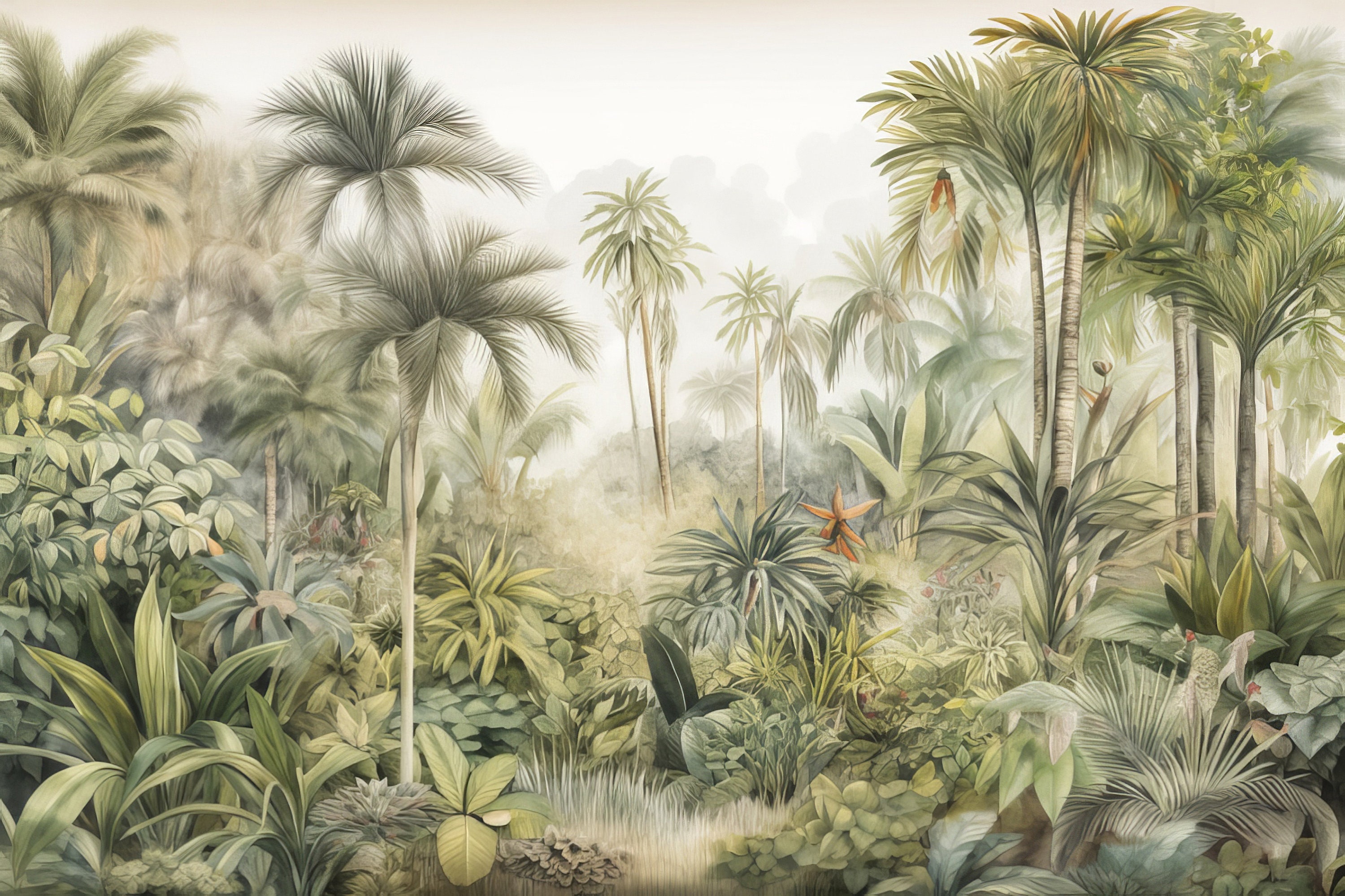 Watercolour Jungle Trees Tranquil Treescape Wallpaper Mural - Removable ...